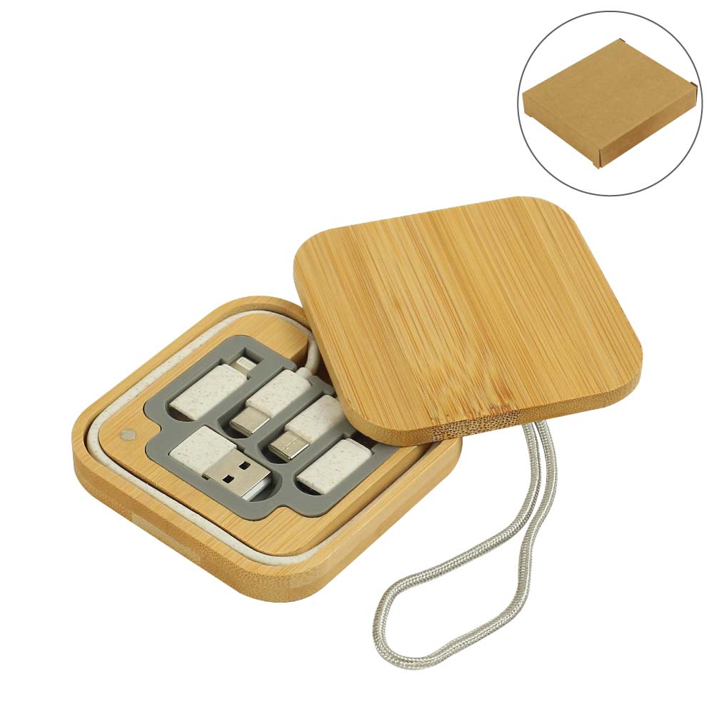 Multi-Charging Cable Set in Square Bamboo Case | Promotional Gifts ...